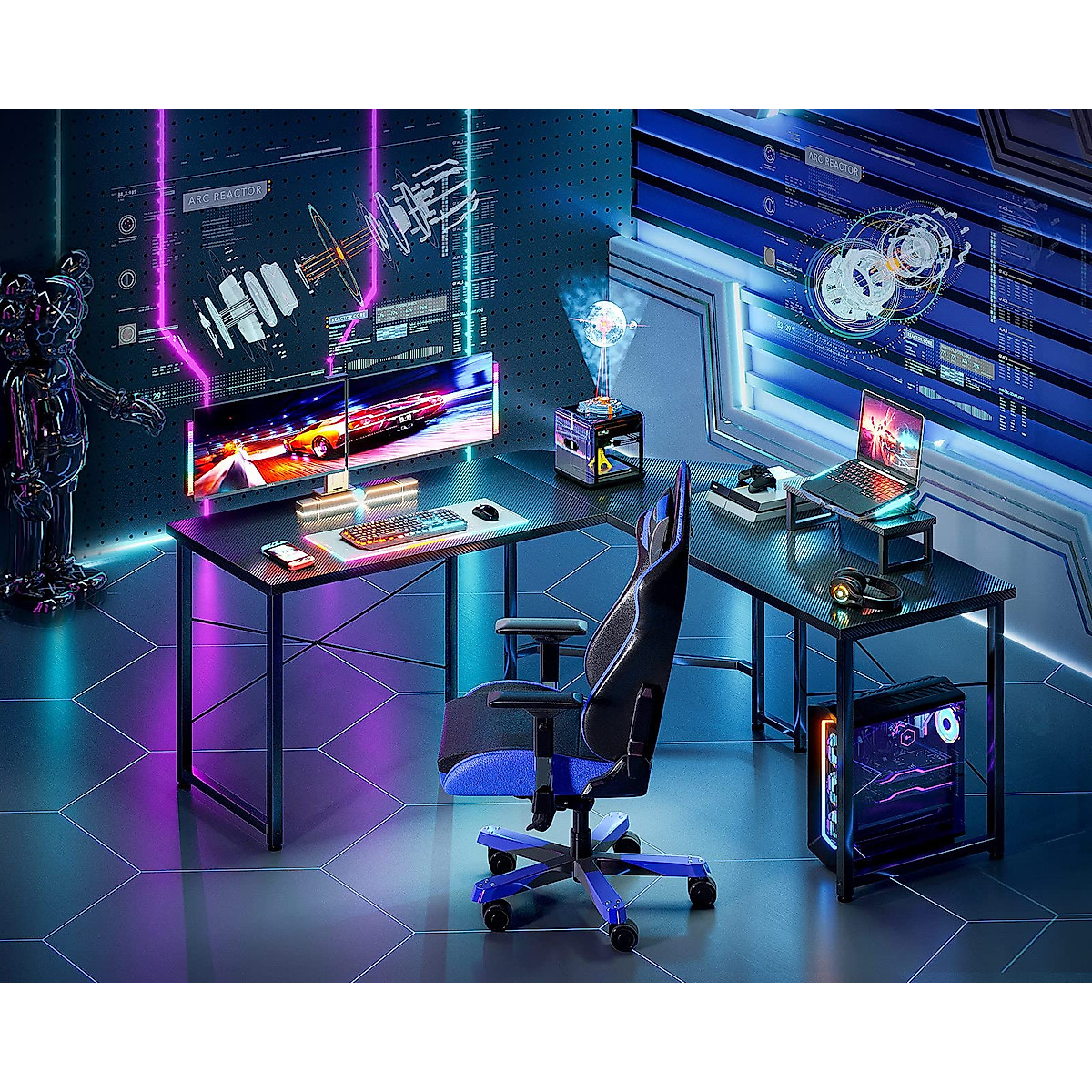 ODK L Shaped Gaming Desk with 4 Drawer Storage Cabinet Dresser, Black Carbon Fiber Computer Desk and Black Dresser