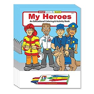 ZOCO - My Heroes - Police, Fire, EMTs - Kids Coloring Books (25 Bulk Pack, With Crayons) - Community Relations & Promotional Handout - Games, Puzzles, Activities