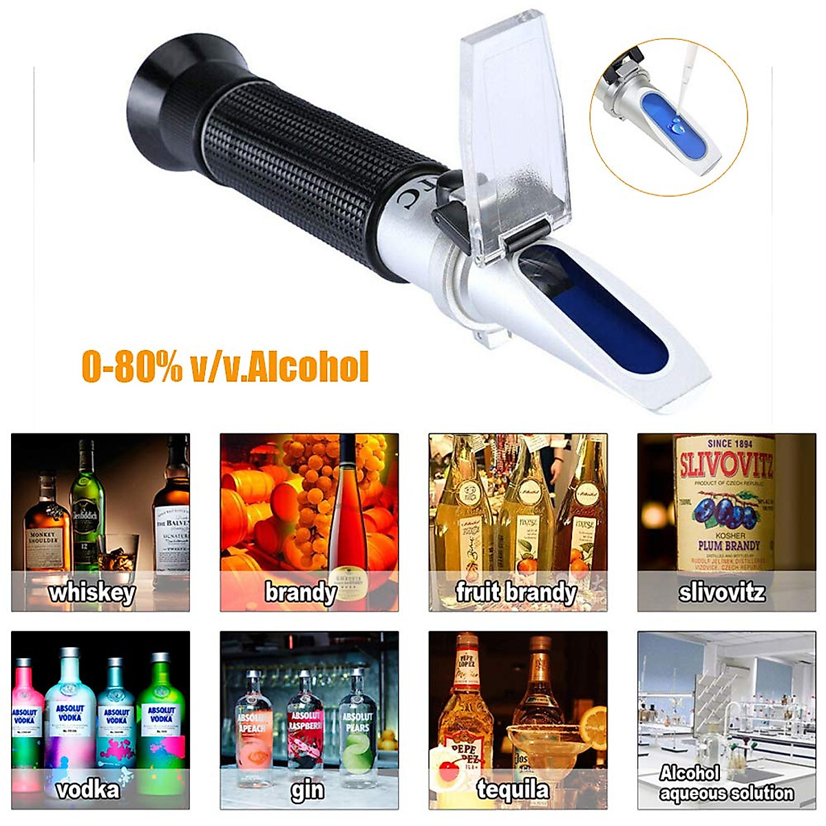 Abuycs High Proof Alcohol Refractometer, ATC Alcohol Refractometer with 0-80% Alcohol Measurement Range for Liquor and Spirits. High Accuracy ±1% Alcohol Refractometer for Whiskey, Brandy, Vodka, etc.