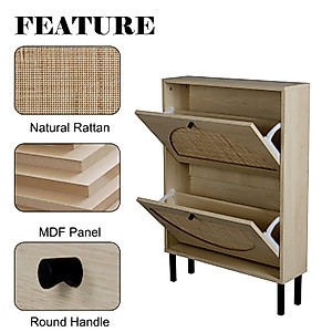Yoluckea Rattan Shoe Storage Cabinet/Rack with 2 Flip Drawers for Entryway Modern Wooden Free Standing for Heels Slippers Hallway Bedroom Small Space(Natural)