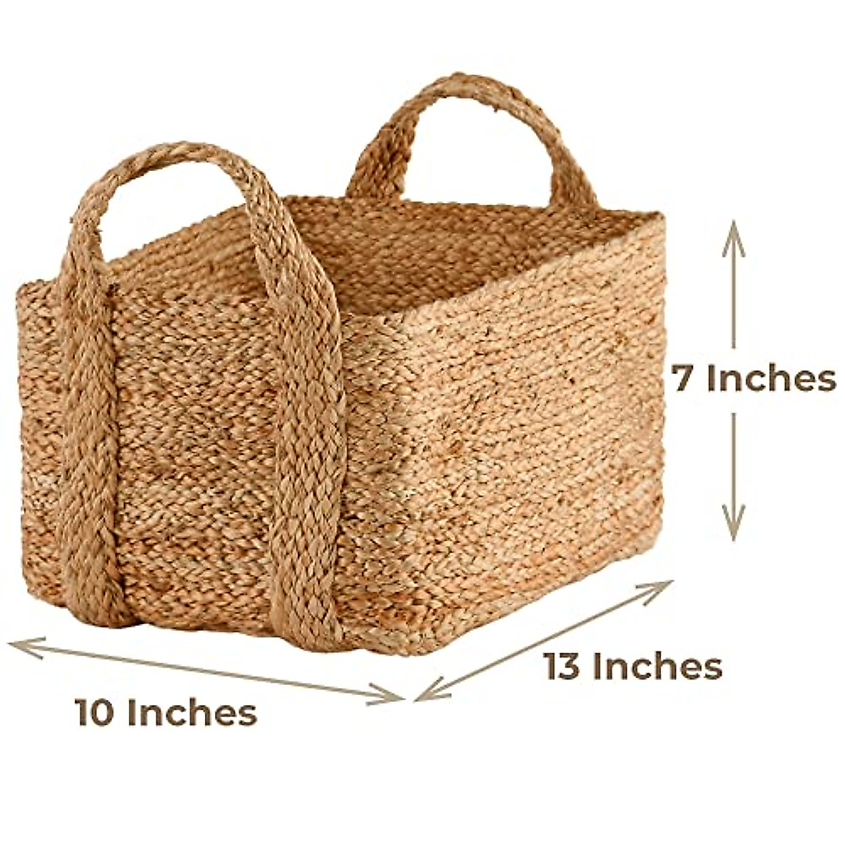 GooBloo Handmade Woven Basket 100% Jute - 10” x 7” - Set of 2- Storage Basket for Living Room, Toys, Storage, Towels or Nursery - Wicker Baskets with Handles - Handmade Natural Bathroom Hampers