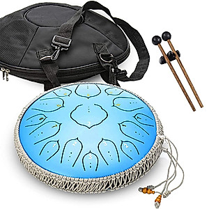 Steel Tongue Drum - 15 Note 14 Inch Tongue Drum - Tongue Drum Instrument - Hand Pan Drums with Music Book, Steel Handpan Drum Mallets and Carry Bag, D Major