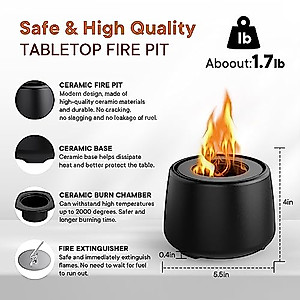 Ceramic Tabletop Fire Pit, Portable Ethanol Fire Bowl, Mini Rubbing Alcohol Fireplace Table Top Fire Pit Bowl Long Burning Smokeless Housewarming Gift with Indoor & Outdoor & Garden