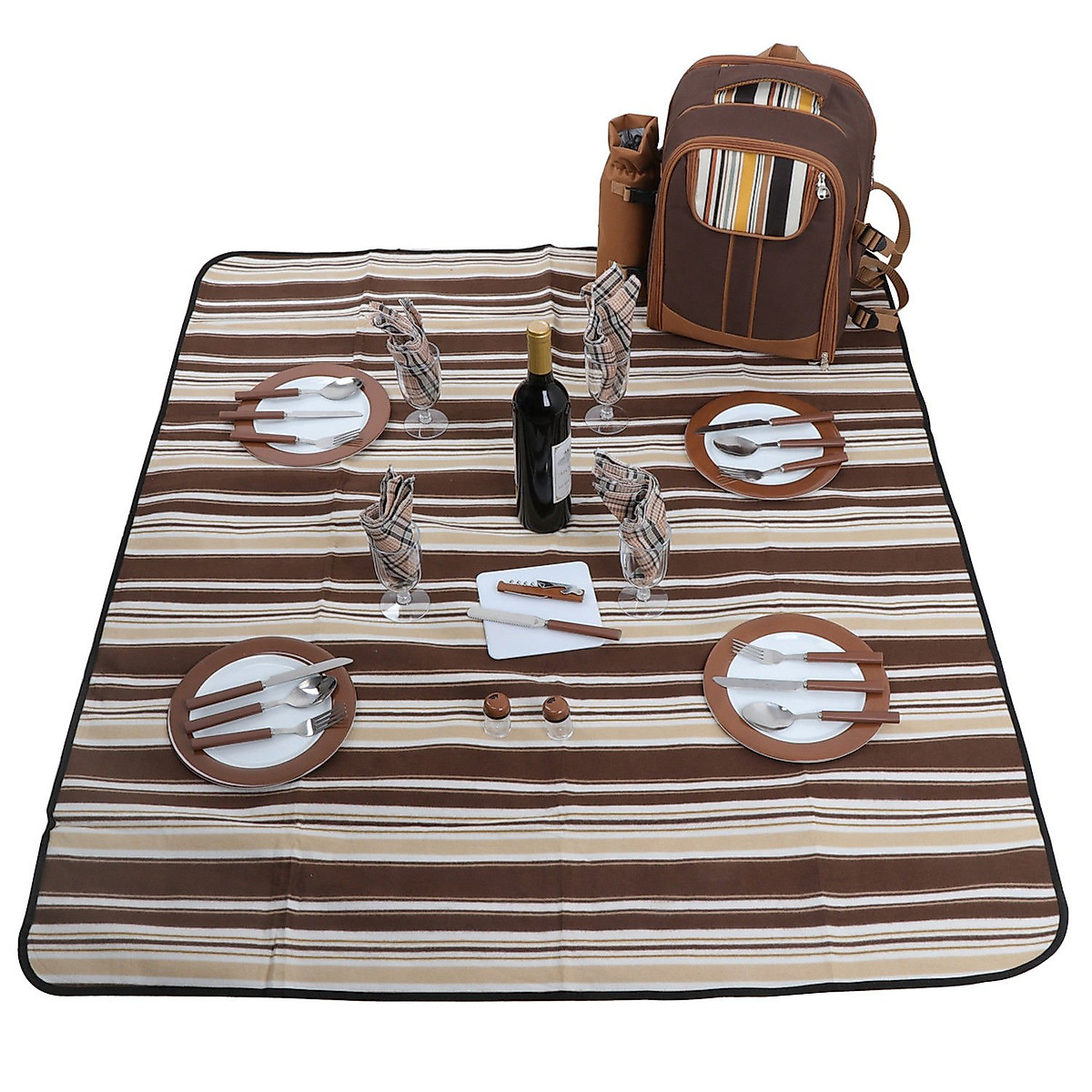 4 Person Blue Tartan Insulated Picnic Backpack Bag Set W/Cooler Section