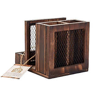 FARM IN All-in-One Napkin Holder, Farmhouse Multifunctional Napkin Holder with Silverware Holder and Salt and Pepper Shakers, Rustic Solid Burnt Wood & Diamond Metal Wire Mesh