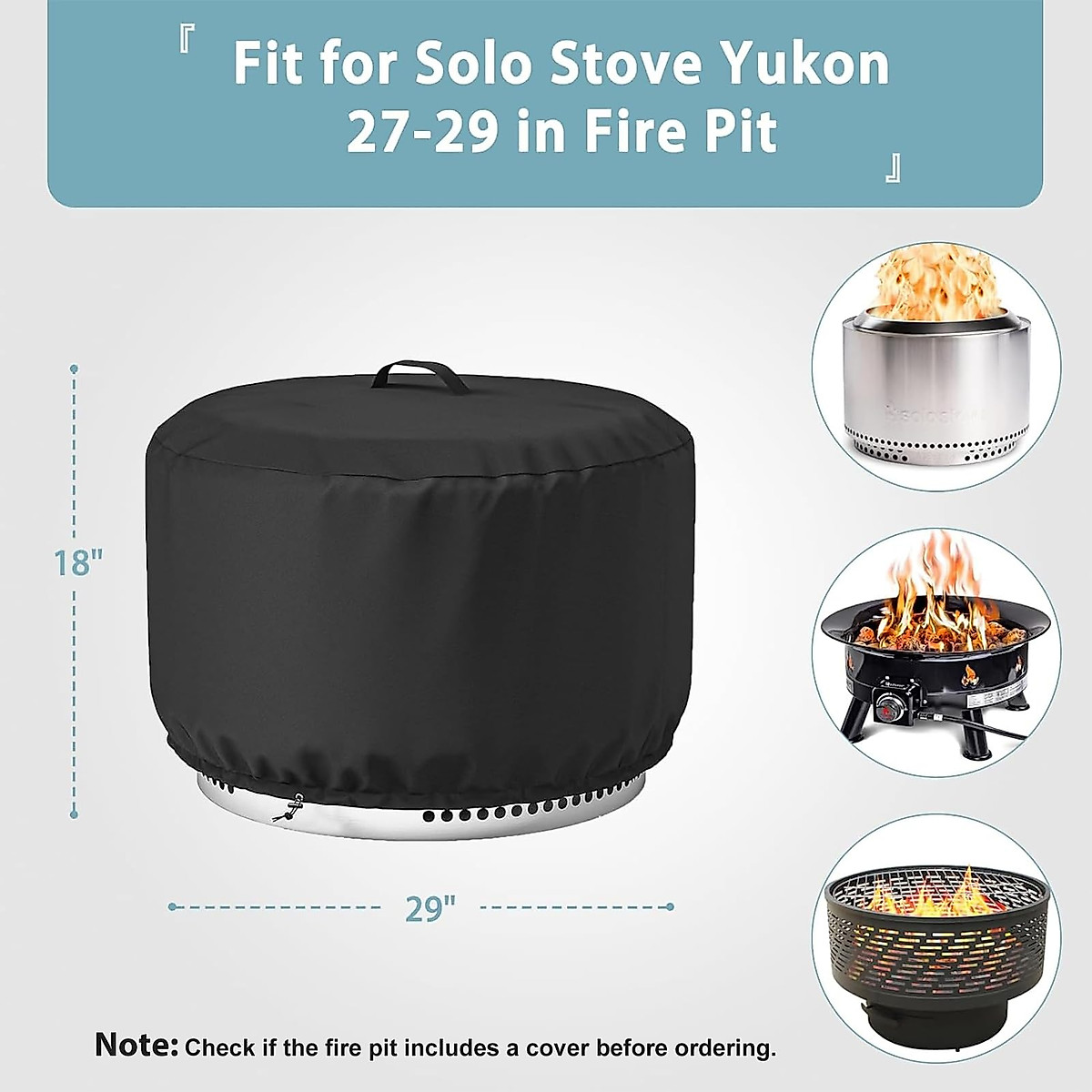Fire Pit Cover for Solo Stove Yukon, Also Fits for 27"-29" Fire Pit, Waterproof & Windproof with Reinforced Handle, 29 Dia x 18 H, Black