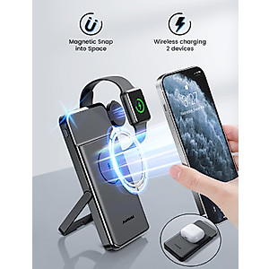 Marnana Magnetic Wireless Power Bank with Apple Watch Charger, 10000mAh Fast Charging Portable Charger Battery Pack w/Foldable Stand for MagSafe iPhone 12/13/14/15 Series & Apple Watch - Black