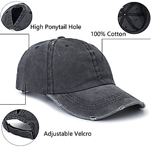 Leotruny Women Washed Cotton High Ponytail Baseball Cap (C08-Distressed Black)
