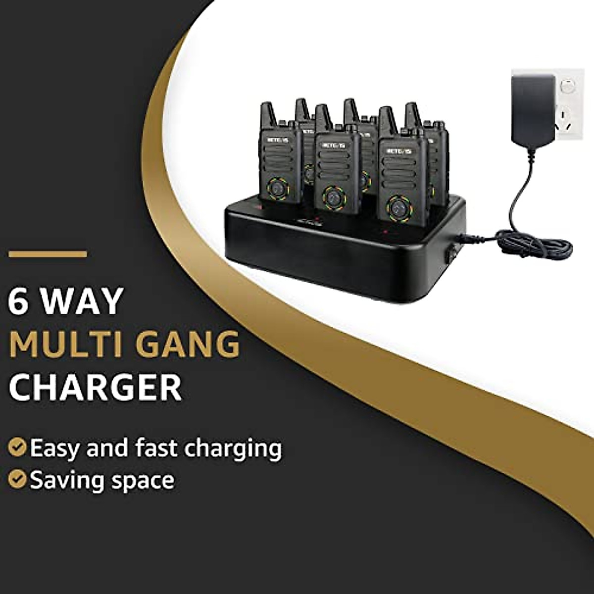 Retevis RT22S 2 Way Radios Rechargeable,Long Range Walkie Talkies with Earpiece and Mic Set,Channel Display,Signal Prompt,Handsfree Portable Two-Way Radio(6 Pack) with 6 Way Multi Gang Charger