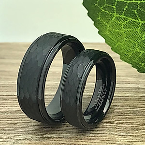 8mm/6mm His and Hers Black Tungsten Ring, Personalized Tungsten Rings, Hammered Tungsten Rings, Anniversary Rings TCR496 (With Inside Engraving)