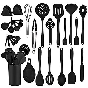 TeamFar Kitchen Utensil, 28 PC Silicone Kitchen Cooking Baking Utensil Set for Nonstick Cookware, Spatula Holder Spoon Whisk Tuner, Heat-Resistant & Non-Stick, Non-Toxic & Dishwasher Safe- Black