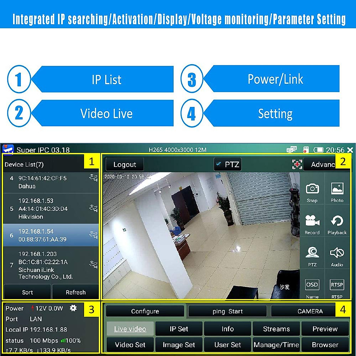 CCTV Camera Tester-Support up to 6K IP Camera and CVBS Analog Camera-with IP Discovery/PoE/WiFi/HDMI Output/RJ45 TDR Test/PTZ Control/Focus Test