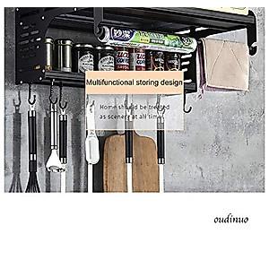 OUDINUO Merry Christmas Black Multifunctional Double Bracket Aluminum Microwave Oven Wall Mount Shelf with 10 Removable Hooks and Fresh Wrapper Rolls Holder