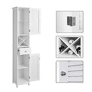 VASAGLE Bathroom Tall Cabinet, Freestanding Storage Cabinet with Shutter Doors, Drawer, and Removable X-Shaped Stand, 11.8 x 12.6 x 66.9 Inches, Scandinavian Style, White UBBC69WT