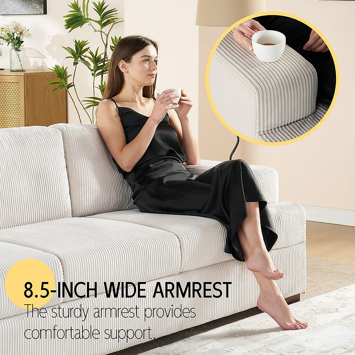 VanAcc 89in Sofa Couch, Corduroy Sofa-Comfy Couch with Wood Legs, 3 Seater Sofa- Deep Seat Couches for Living Room, White