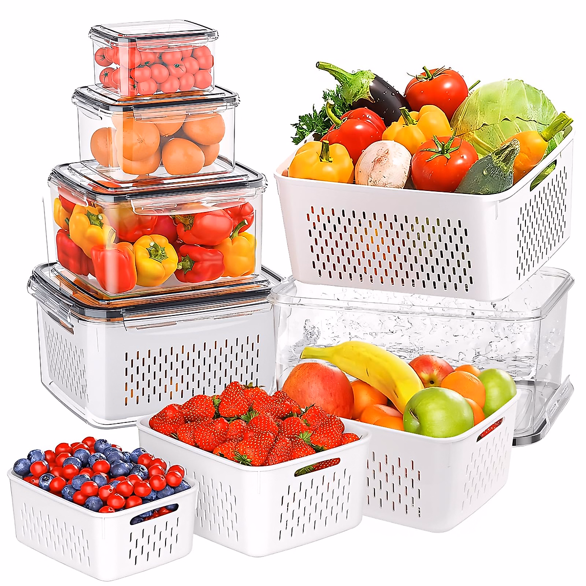 Cthglong 5 PCS Fruit Containers for Fridge, Food Storage Containers with Removable Colander, Dishwasher & Microwave Safe Produce Container, Fridge Organizers Keep Fruit, Berry, Vegetable, Fresh Longer