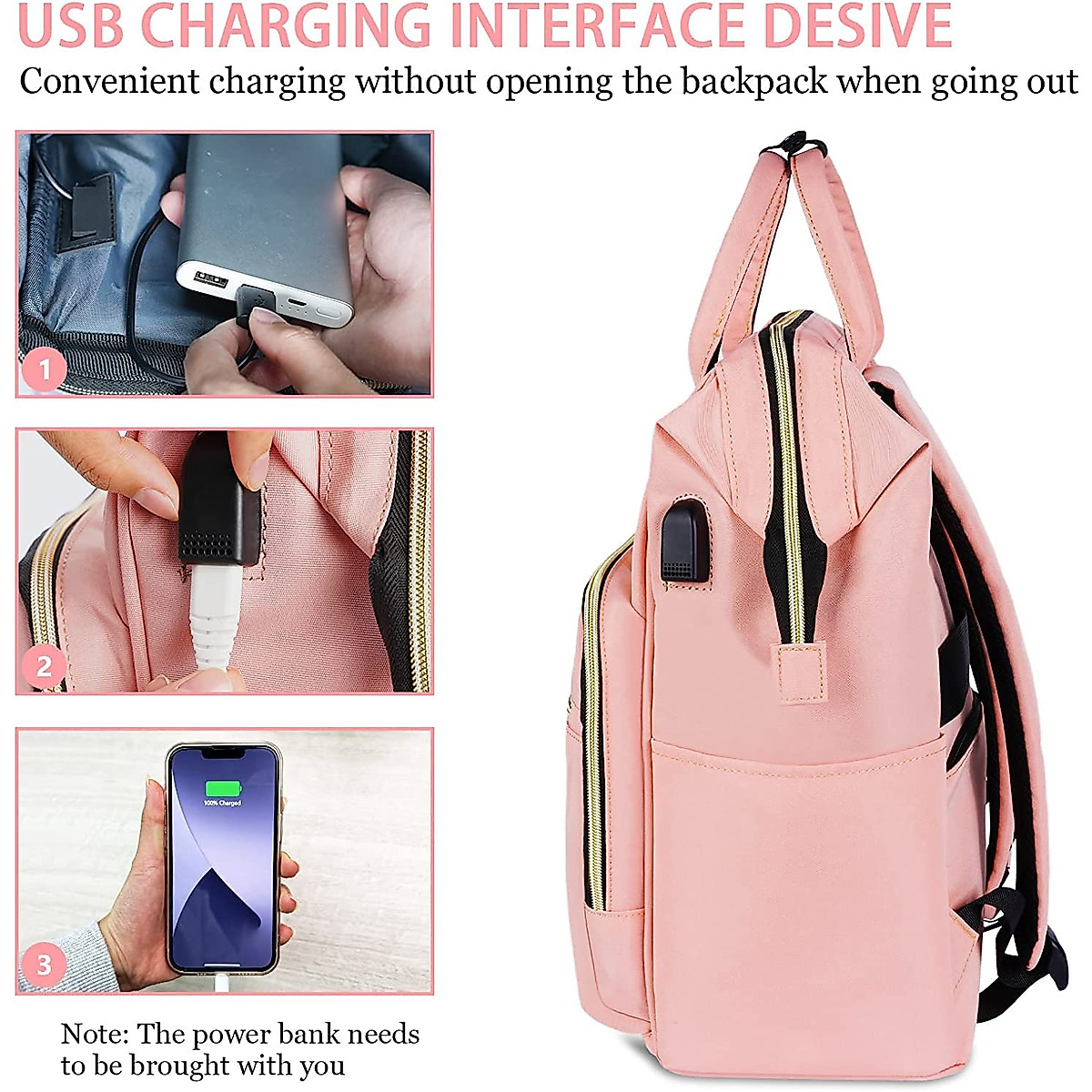 Ytonet Pink Laptop Backpack, 17.3 Inch Carry on Backpack for Women Teacher Nurse with USB Charging Port, Large Travel Carry on RFID Anti-theft Trip Water Resistant Bags for Work/College, Pink