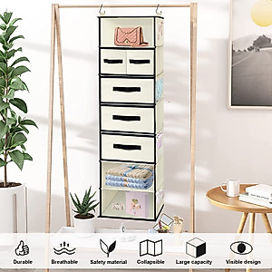 homyfort Hanging Closet Organizer with 5 Drawers and storage - 7 Shelves Organization, Foldable & Heavy Duty Clothes Storage for Wardrobe, Closet, Dorm, (49.6" H, Beige)