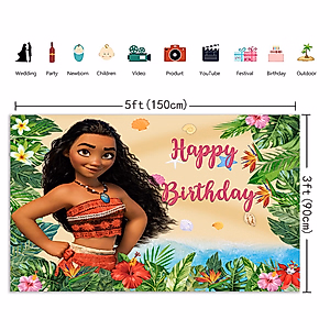 Cartoon Moana Backdrop Maui Summer Beach Princess Girl Birthday Photography Background Baby Shower Party Banner Cake Table Decoration Backdrop 5x3FT