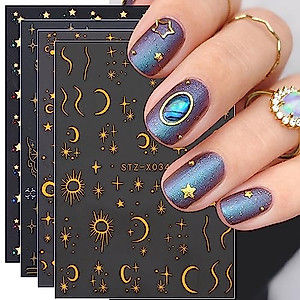 JMEOWIO 12 Sheets Moon Star Sun Nail Art Stickers Decals Self-Adhesive Pegatinas Uñas Line Colorful Nail Supplies Nail Art Design Decoration Accessories