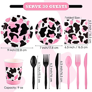 durony 210 Pieces Pink Cow Print Tableware Set Pink Cow Print Party Decorations Paper Plates Cups Napkins Knife Spoons Forks for Cowgirl, Baby Shower, Farm Birthday Party Supplies, Serve 30 Guests