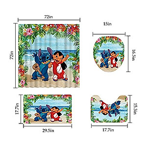 REAGTUGHT 4PCS Lilo & Stitch Shower Curtain Set with Non-Slip Rugs Toilet Lid Cover and Bath Mat Cartoon Shower Curtain with 12 Hooks Durable Waterproof Shower Curtain for Bathroom Set Decor
