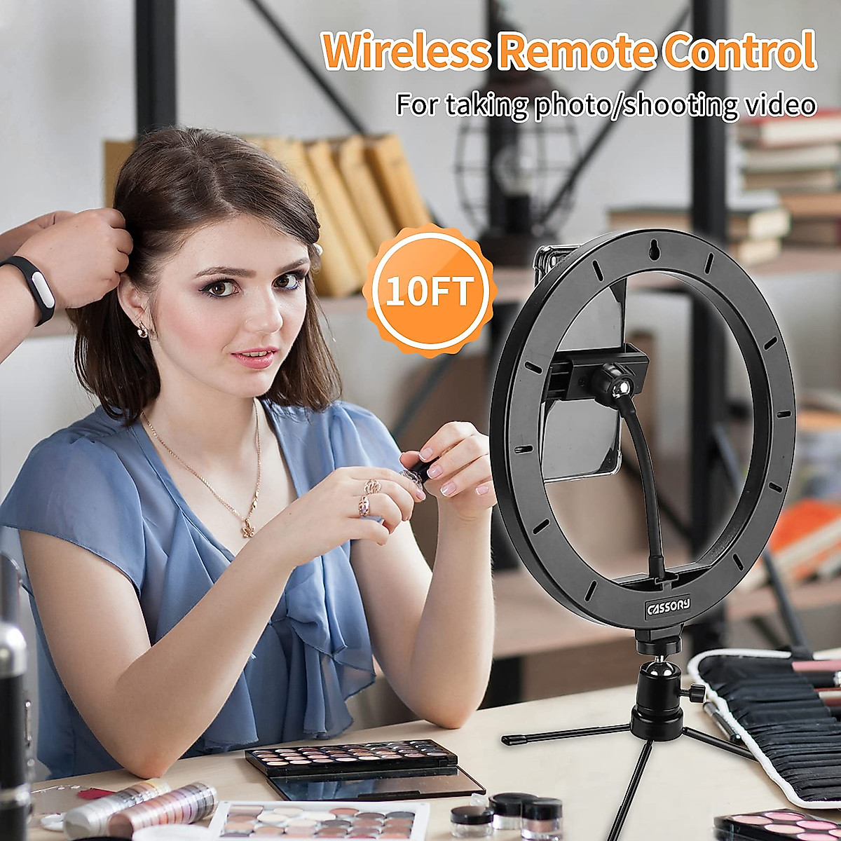 Desk Ring Light with Stand, 10'' Dimmable Selfie Ring Light with Mini Tripod Stand and Phone Holder, Make Up LED Ring Light with Bluetooth Shutter for Zoom Meetings/Vlog/Tiktok/YouTube