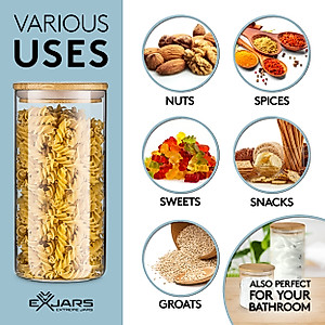 6 Glass Food Storage Jars With Airtight Bamboo Lid | 3 Sizes of Containers with Spoons And Labels | Organize Your Pantry, Kitchen, or Bathroom. Good for Pasta, Use Them For Coffee, Food, or Soap