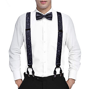 Barry.Wang Men Black Paisley Suspender and Bow Tie Set Y Shape Heavy Duty 6 Clips Braces