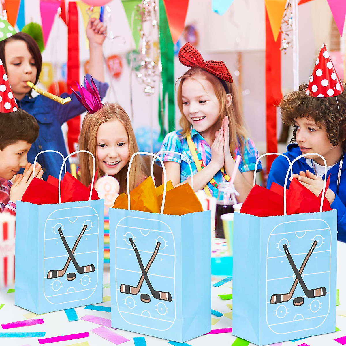 7Penn Paper Gift Bags - 24 Blue Hockey Themed Birthday Party Goody Bags with Handle - for Gifts, Goodies, or Favors