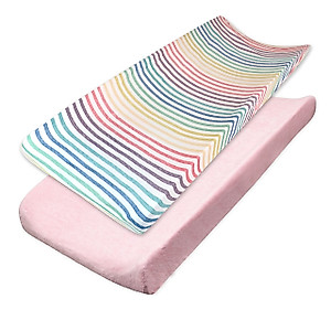 HonestBaby 2-Piece Organic Cotton Printed & Terry Changing Pad Cover Set, Rainbow Stripe, One Size (D2BDR)