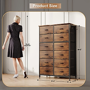 YaFiti Dresser for Bedroom, 12 Drawers with Wooden Top, Fabric Bins, Hooks and Metal Frame, Tall Chest of Drawers for Living Room, Hallway, Rustic Brown
