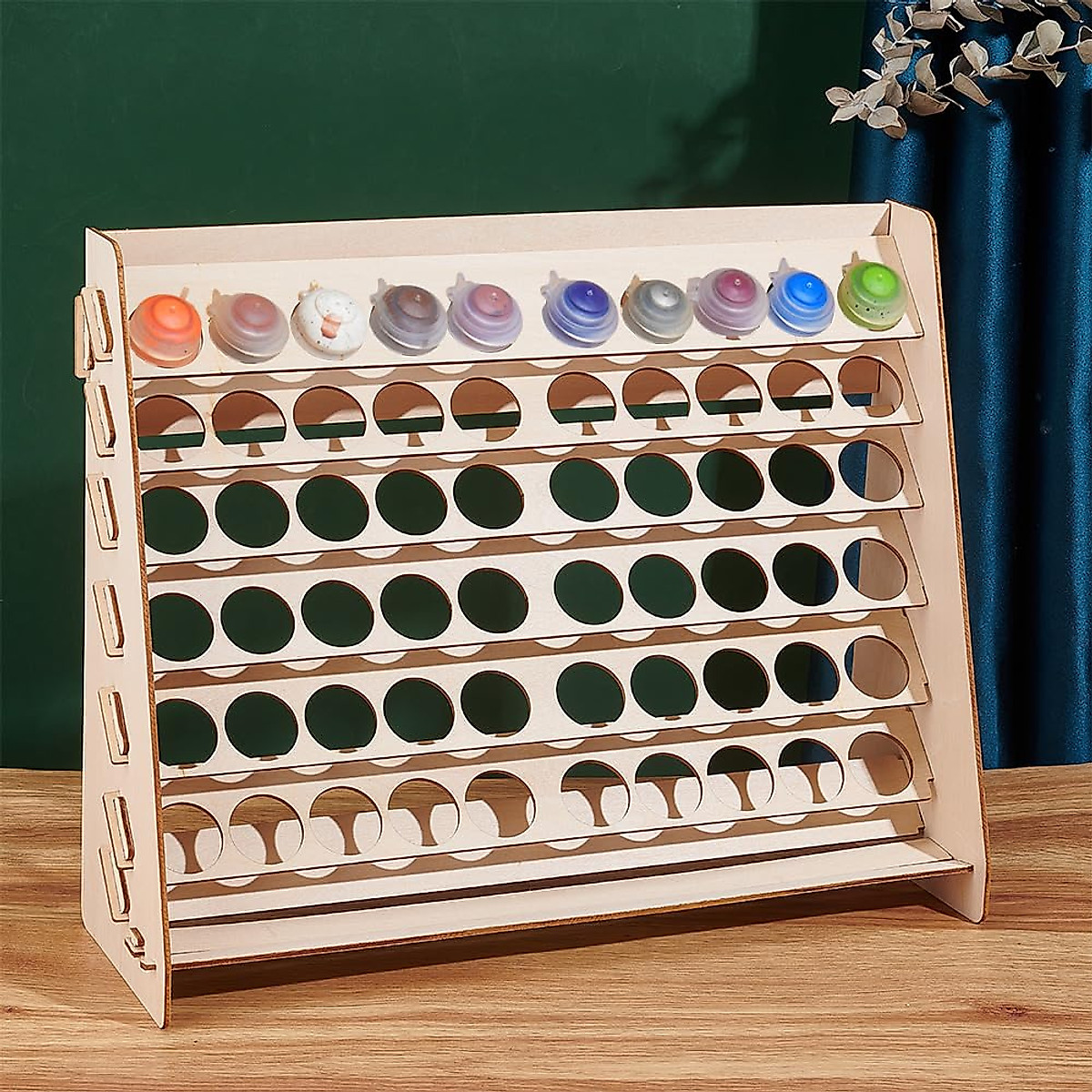 PH PandaHall Paint Rack Organizer 60 Holes Wooden Paint Storage Organizer Stand Display Craft Paint Holder Pigment Ink Bottle Paints Tool Storage for Miniature Paint Set Hole: 1.3 inch