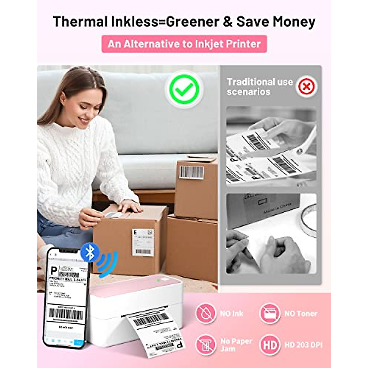 Phomemo Bluetooth Thermal Label Printer for Shipping Label - Wireless Shipping Label Printer for Phone & Pad & PC, Pink Label Printer Used for Amazon, Ebay,UPS, Shopify, TikTok, USPS, FedEx, DHL, Temu