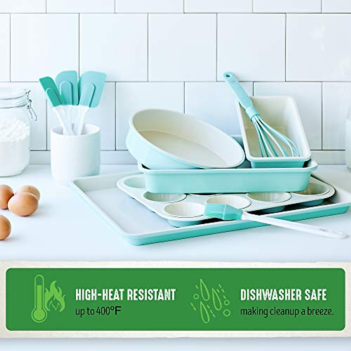 GreenLife Cooking Tools and Utensils, 5 Piece Nylon and Silicone Baking Set with Spatulas Wisk and Brush, Dishwasher Safe, Turquoise
