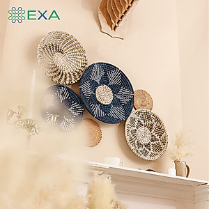 EXA Set of 6 Hanging Woven Wall Basket Decor Peony Rustic Round Decorative Large Wall Decor - Handmade Seagrass Baskets - Rattan Wall Art, Flat Wicker Woven Basket Wall Decors for Boho