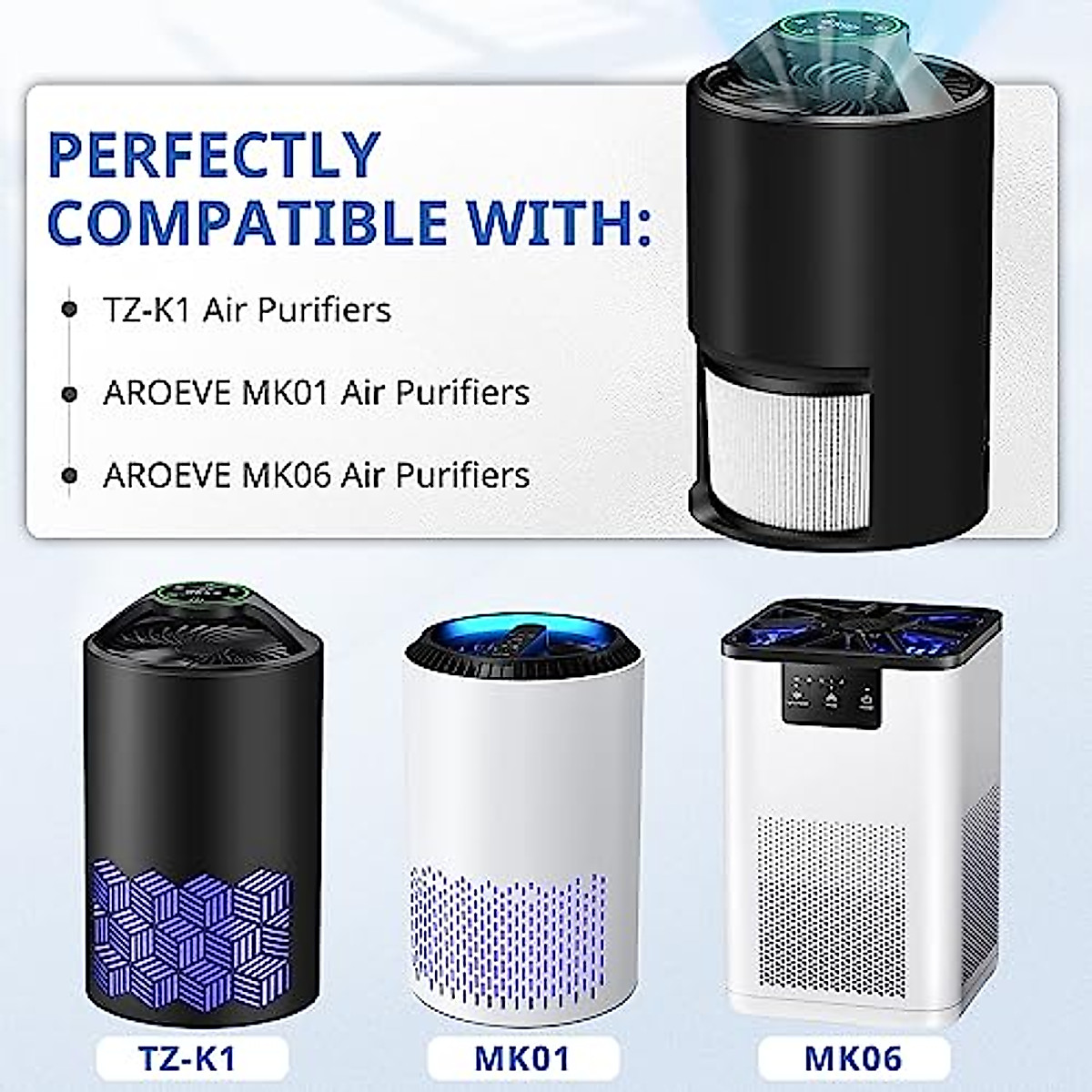 2 Pack TZ-K1 Replacement Filter Compatible with ToLife TZ-K1 Air Puri-fier, AROEVE MK01 MK06 Air Purifi-ers, 3-in-1 H13 HEPA Filter, Activated Carbon and Pre-filter, 360° Rotating Filter(White)