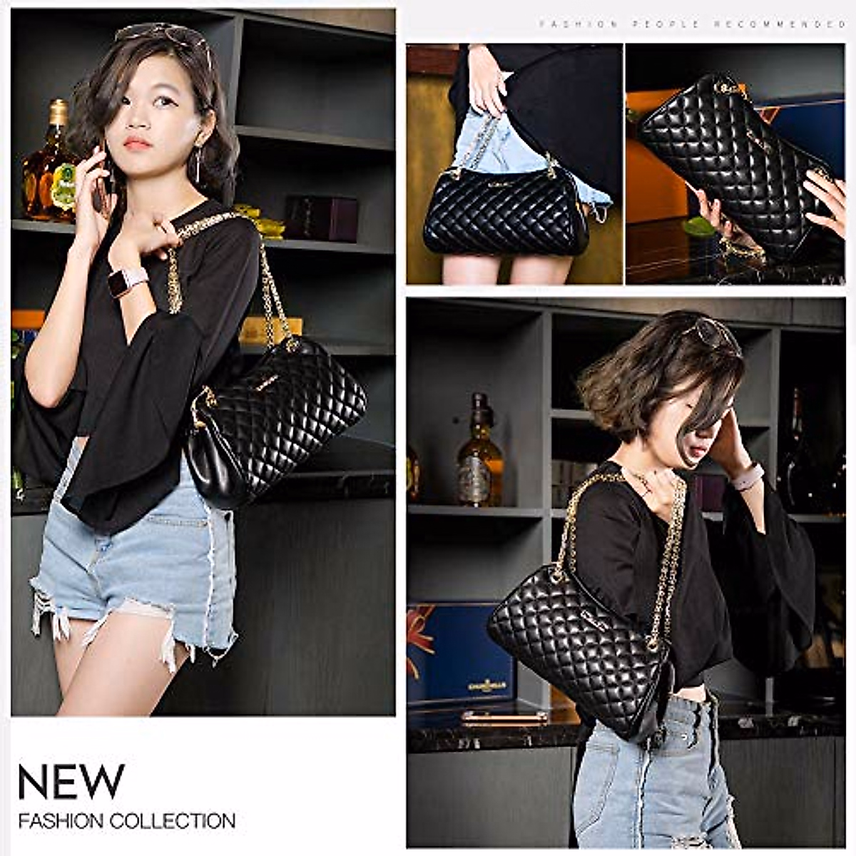 LAORENTOU Cowhide Shoulder Bag for Women Leather Small Satchel Crossbody Bag Quilted Purses With Chain Strap