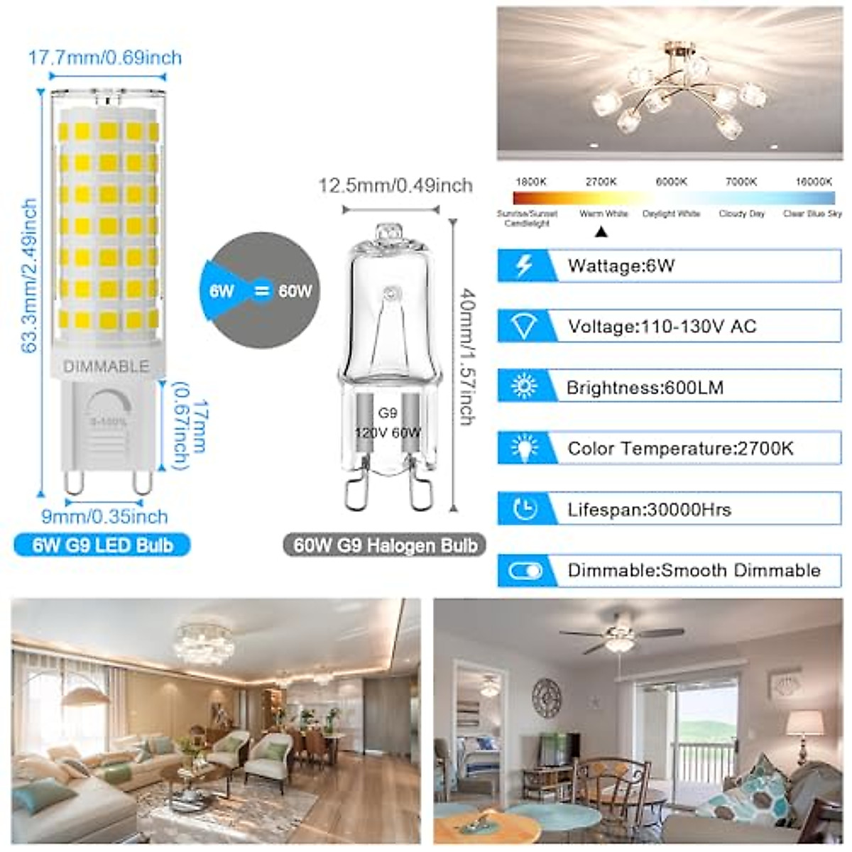 SNBIHIBE G9 LED Bulb Dimmable 6W, 120V 50W 60W T4 G9 Base Halogen Equivalent,G9 Light 4000K Natural White Chandelier Light Bulbs, No Flicker,for Home Lightings, Bathroom Fixtures 3pcs