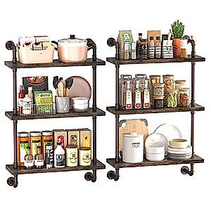 PUSDON Industrial Pipe Shelving Wall Mounted 24 Inch 3 Tier,Bathroom Bronze Metal Floating Shelves, Wood Hanging Storage Bookshelf (W24inch - 2 Sets) - Drak Coffee