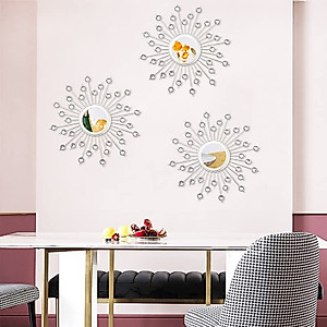 3 Pack Acrylic Burst Wall Mirror Metal Faux Diamonds Mirrors Bling Home Decorative Hanging Wall Art for Living Room Bedroom-Sliver