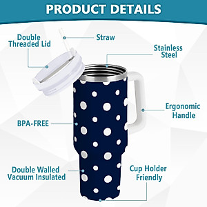 RPLIFE Navy Blue Polka Dots Stainless Steel Mug, Insulated Water Bottle with Straw, Tumbler for Men