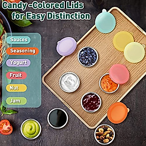 Mimorou 12 Pieces Salad Dressing Container To Go Stainless Steel Condiment Containers with Lid Reusable Sauce Silicone Leakproof Dipping Cups for Lunch Box Picnic Travel, Blue,Orange,Pink,Purple