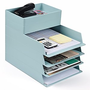4 Tier Stackable Letter Tray File Organizer, Desktop Document File Tray Paper Sorter Organizer, Blue A4 Paper Organizer Tray for Home, Office, School