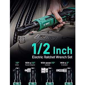 KIMO 20V Cordless Ratchet Wrench 1/2" Set, 74 Ft-lbs 400 RPM Electric Ratchet Wrench, Battery Powered Ratchet with 7 Sockets, 3" Extension Bar, 3/8" Adapter, 2-Pack Lithium-Ion Batteries, Fast Charger