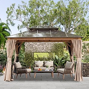 Domi 10' X 12' Hardtop Gazebo, Permanent Outdoor Gazebo with Polycarbonate Double Roof, Aluminum Gazebo Pavilion with Curtain and Net for Garden, Patio, Lawns, Deck, Backyard, Wood Looking