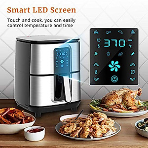 Kitcher 6.8Qt Air Fryer, Hot Air Fryer with 8 Cooking Functions Temperature Timer Control Led Touch Screen 50 Recipes, Stainless Steel Silver