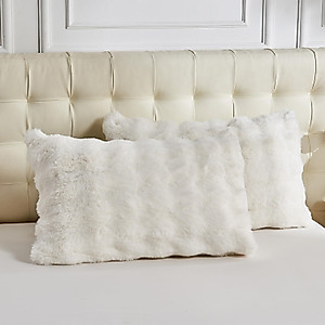 Lotus Karen Fluffy Comforter Queen Set Cover Set-Rabbit Fluff Faux Fur Duvet Cover Queen Size,Cream White Plush Fuzzy Furry Bedding Sets 3Pieces(1 Duvet Cover & 2 Pillow Shams),Zipper Closure