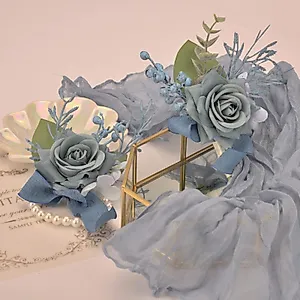 Weslymoo Dusty Blue Rose Wrist Corsage and Boutonniere Set Artificial Prom Flower Corsage Wristlet Band Bracelet Wedding Accessories Prom Decorations