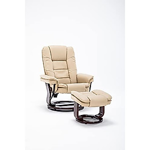 JC Home Argus Leather Recliner with Ottoman, Mahogany Wood Base, Ultra-Plush Double Foam Layered Reclining Bonded Leather Chair for Living Room and Office - (Vanilla)